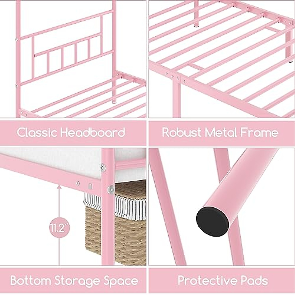 Yaheetech Twin Canopy Bed Frames Metal Platform Bed Frame Four-Poster Canopied Bed Mattress Foundation with Headboard and Footboard Sturdy Slatted Structure Easy Assembly No Box Spring Needed Pink