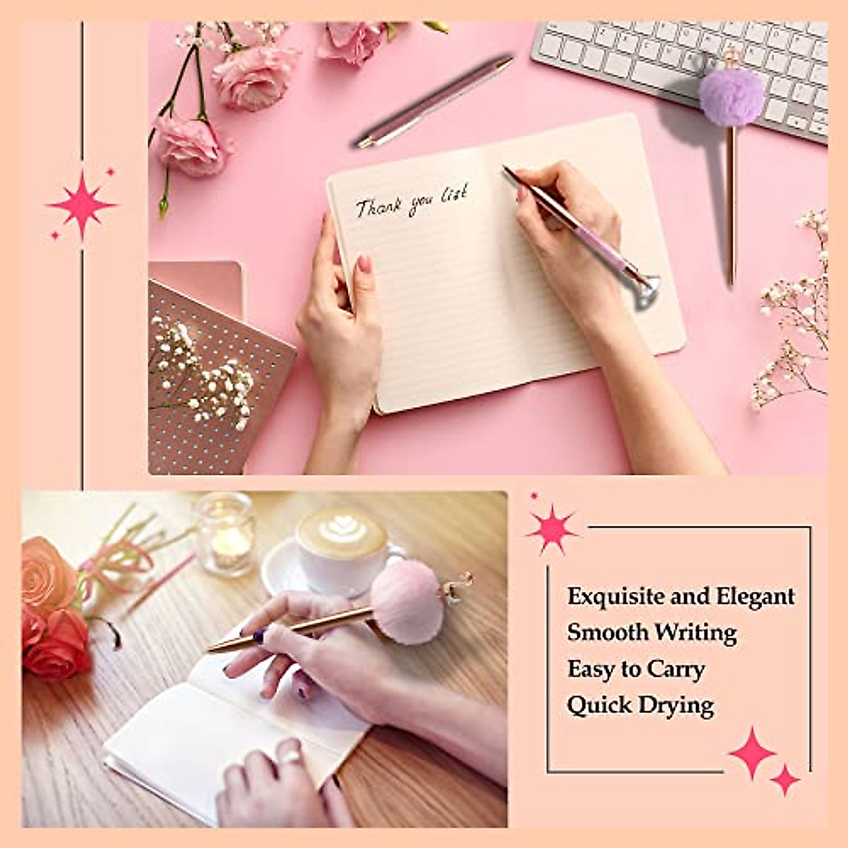 HAOSTANDO 8 Pcs Rose Gold Ballpoint Pen Set Glitter Metal Crystal Diamond Pen Cute Girly Pen Black Ink Pens Gift Pens for Women