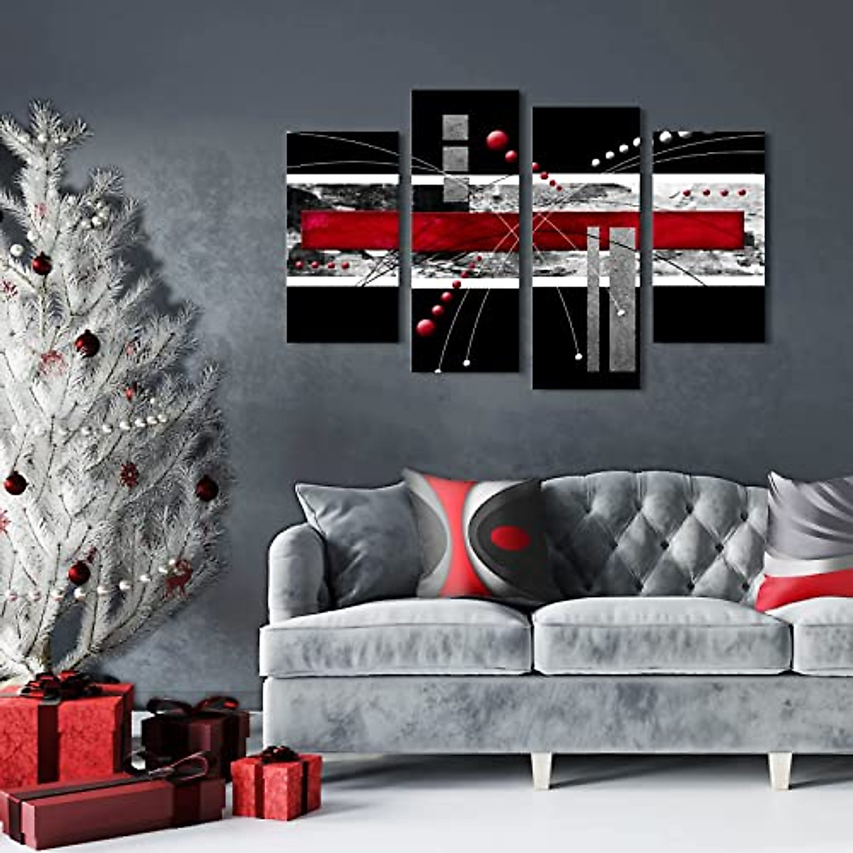 YPY Large Black Red Canvas Wall Art - 4 Panels Modern Abstract Picutre Set for Home Decoration - Contemporary Painting Artwork Ready to Hang Living Room Bedroom W48 x H36