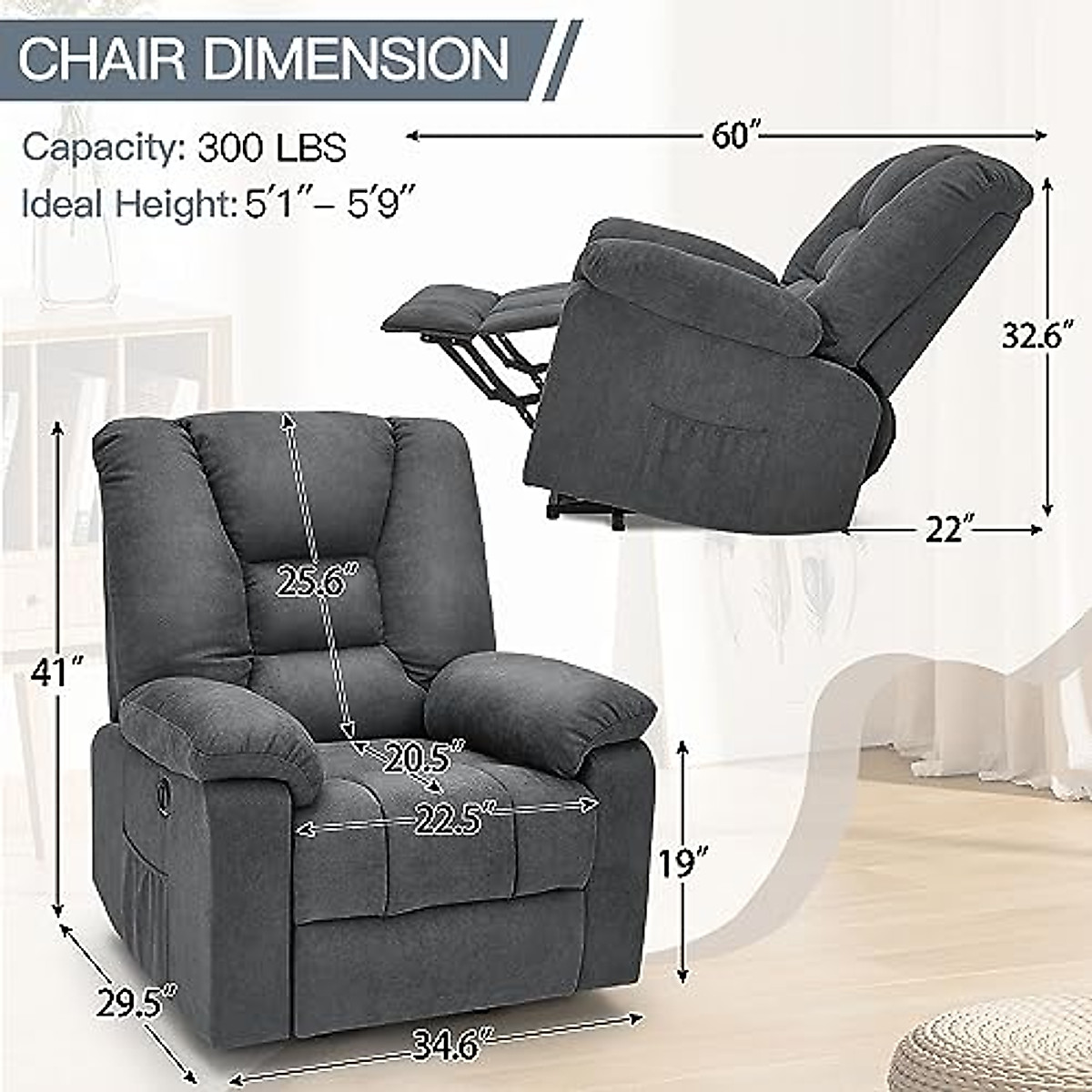 Esright Power Lift Chair Recliner for Elderly, Lift Chair with Heated Vibration Massage, Heavy Duty Electric Recliner with Side Pockets, USB Charge Port, Gray Blue