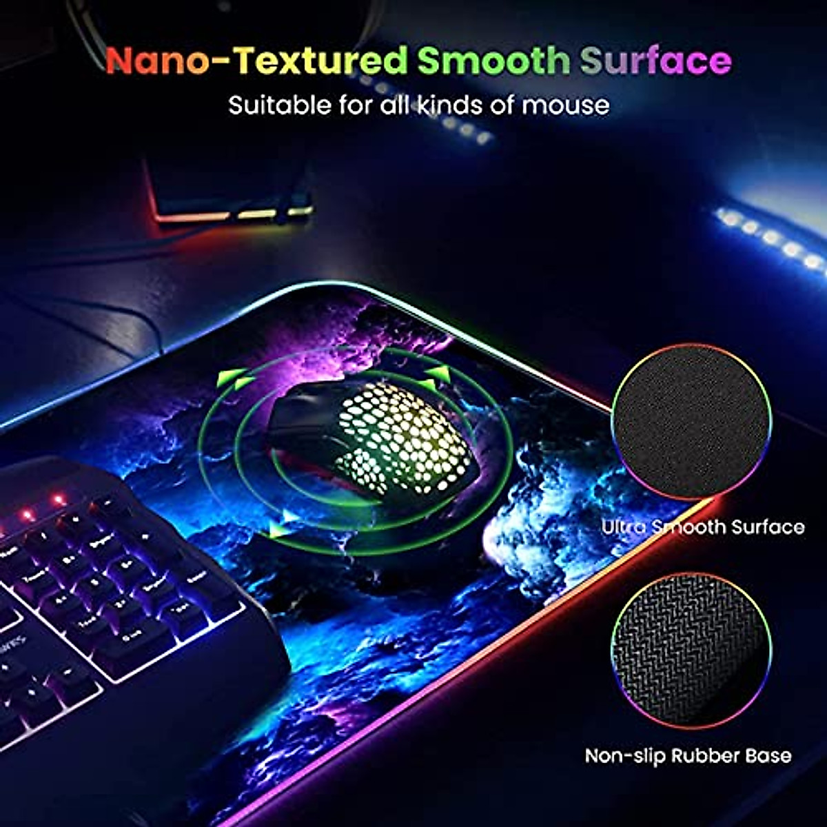 RGB Gaming Mouse Pad, Gerlos Large Extended Soft Led Mouse Pad with 12 Lighting Modes 2 Brightness Levels, Water Resist Keyboard Pad, Computer Keyboard Mousepads Mat 800 x 300mm / 31.5×11.8 inches
