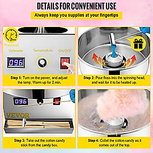 VEVOR Electric Cotton Candy Machine, 19.7-inch Cotton Candy Maker, 1050W Candy Floss Maker, Silver Commercial Cotton Candy Machine with Stainless Steel Bowl and Sugar Scoop, Perfect for Family Party