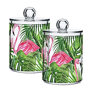 2 Pack Qtip Holder Dispenser for Cotton Ball Tropical Leaves Flamingo on White Cotton Swab Cotton Round Pads Clear Plastic Acrylic Jar Set Bathroom Canister