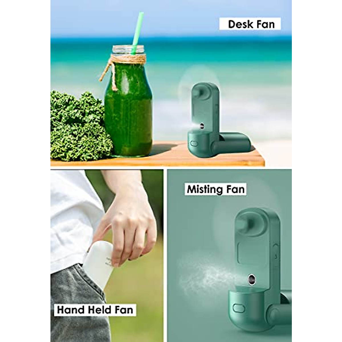 HonHey Handheld Fan Misting Fan, 3 in 1 Hand Fan, Portable Mini Fan with Rechargeable Battery Operated and 3 Adjustable Speed[6-13-20 Working Hours], Foldable Personal Fan for Girls Women Travelling (Green)