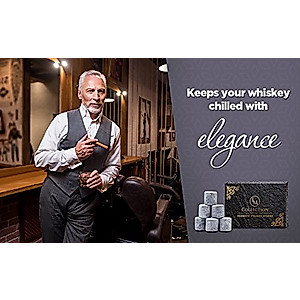 EMCOLLECTION Whiskey Stones Gift Set of 6 w/ Wooden Storage Tray & Forceps: Chill Any Beverage Without Dilution. Round Granite Rocks Cool a Cocktail or Scotch Better Than Ice