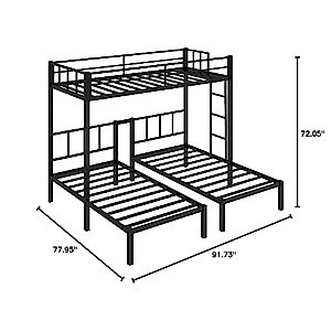 DHHU Triple Twin Bunk Bed, Metal Bunk Bed, Metal Bed Frame, Suitable for Bedroom, Apartment, Dorm, Space-Saving, Black