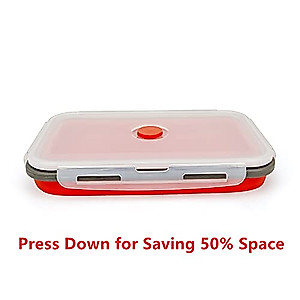 CARTINTS Large Collapsible Camping Food Containers, 1200ml Silicone Lunch Container, Microwave Safe Reusable Meal Prep Container For Indoor&Outdoor Kitchen With Foldable Spoon, Grey Red