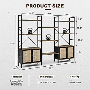 IKIFLY Triple Wide 4-Tier Bookshelf, Bookcase with 4 Doors Rattan Storage Cabinet, Industrial Storage Cabinet w/Open Display Shelf, Wood and Metal Bookshelf in Office, Living Room, Study, Bedroom