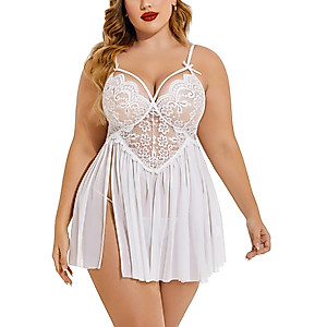 Avidlove Plus Size Lingerie for Women Sexy Lace Babydoll Nightgown Strap Chemise V Neck Sleepwear Mesh Nightwear Side Slit Nightie White