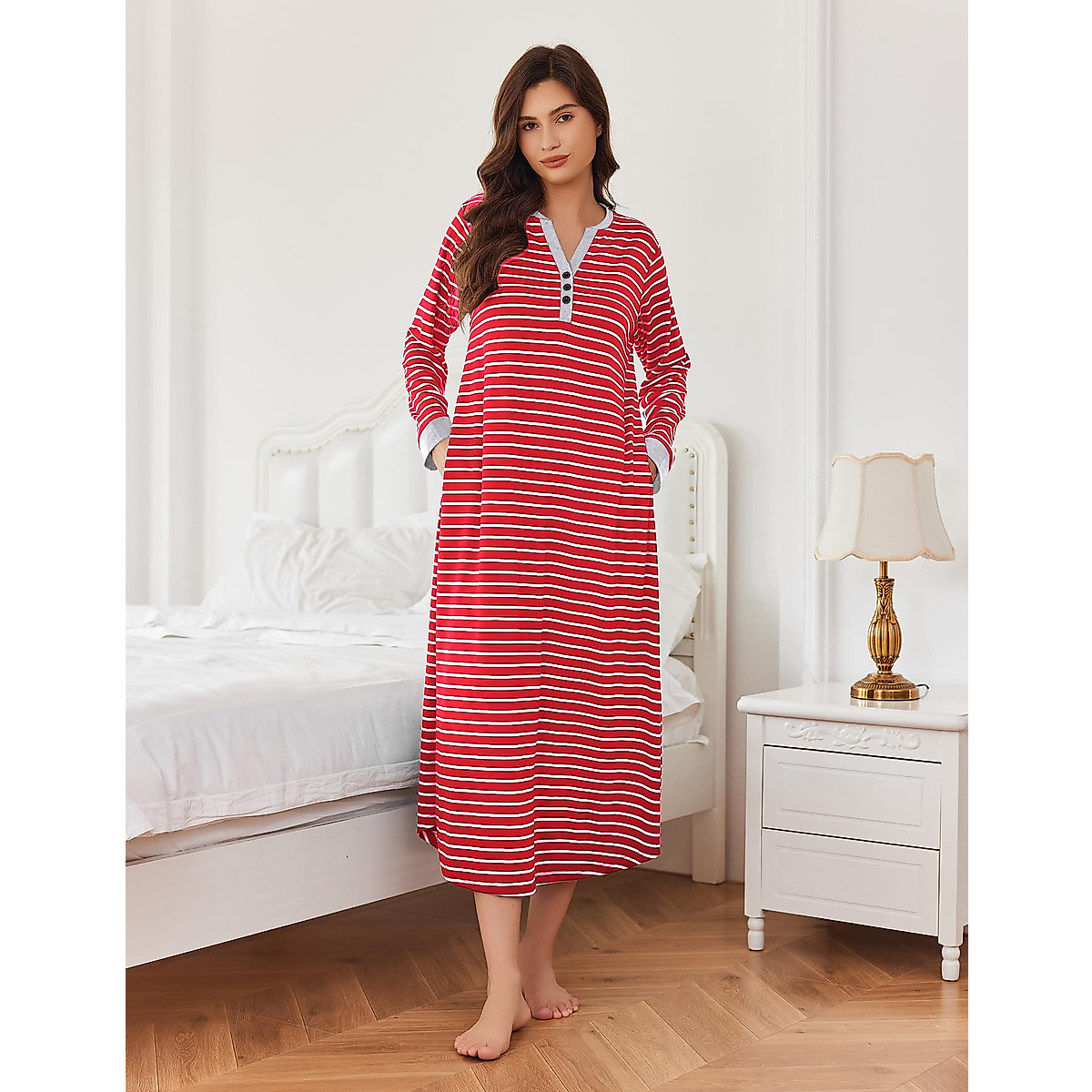 Ekouaer Women Striped Nightgown Long Loungewear Nightshirt Sleepwear with Pockets Red Stripe, X-Large