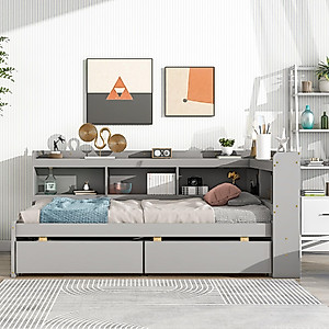 DNChuan Twin Size L-Shaped Corner Daybed with Bookcase Headboard,Captains Bed with Underneath Storage Drawers for Kids Adults,No Box Spring Needed,Grey