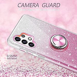KSWOUS Galaxy A32 5G Case with 2 Pack Screen Protector, Crystal Clear Glitter Sparkly Bling Pink Protective Cover with Kickstand for Women Girls Slim Shockproof Case for Samsung A32 5G (Pink)