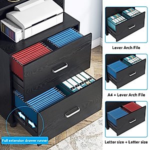 Tribesigns Vertical File Cabinet Modern Wood Filing Cabinet with 2 Large Drawer fit Letter/A4 Size, Large Printer Stand with 4 Open Storage Bookshelves for Home Office, Black