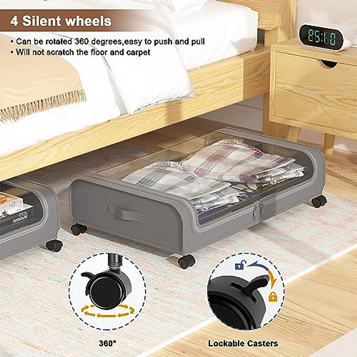 Jewem Under Bed Storage with Wheels, Under Bed Storage Containers, 2 Pack UnderBed Storage, 6.5 inch High Rolling Under Bed Shoe Storage with Lid, Small Space Organization and Storage for Clothes
