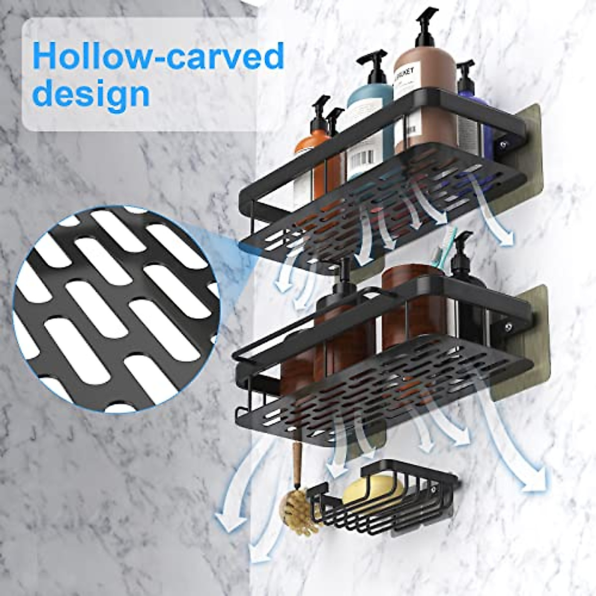 Bemodst 3-Pack Adhesive Shower Caddy, Shower Shelf, No Drilling Rustproof Stainless Steel Shower Organizer for Inside Shower & Kitchen Storage (Matte Black)