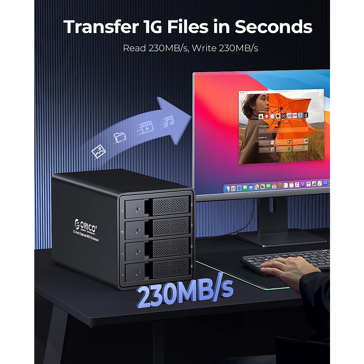 ORICO 4 Bay Hard Drive Enclosure Aluminum USB3.0 with Hard Drive Tray-Less Design, Build-in 80mm Cooling Fan and 150W Power Supply Max Up to 64TB, Designed with Safety Lock-9548