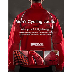 TSLA Men's Cycling Jacket with Removable Sleeves, Reflective Vest Windbreaker, Lightweight Waterproof Running Jackets, Cycling Red, Small