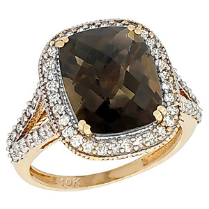 14K Yellow Gold Natural Smoky Topaz Ring Cushion-cut 12x10mm Diamond Halo, size 7