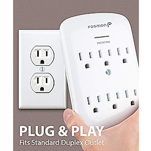 6 Outlet Wall Mount Surge Protector, Fosmon 3-Prong Surge Suppression 1200 Joules, 15A 125VAC 60Hz 1875Watts Wall Outlet Adapter, Grounded LED, ETL Listed - White