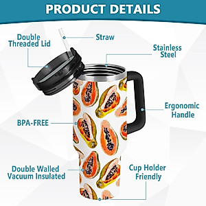 Yasala Car Tumbler with Handle Papaya Watercolor Travel Mug Coffee Cup Insulated Beverage Container Mega Cup for Hot Cold Drinking Thermos Water Bottle Cupholder Friendly 40 oz