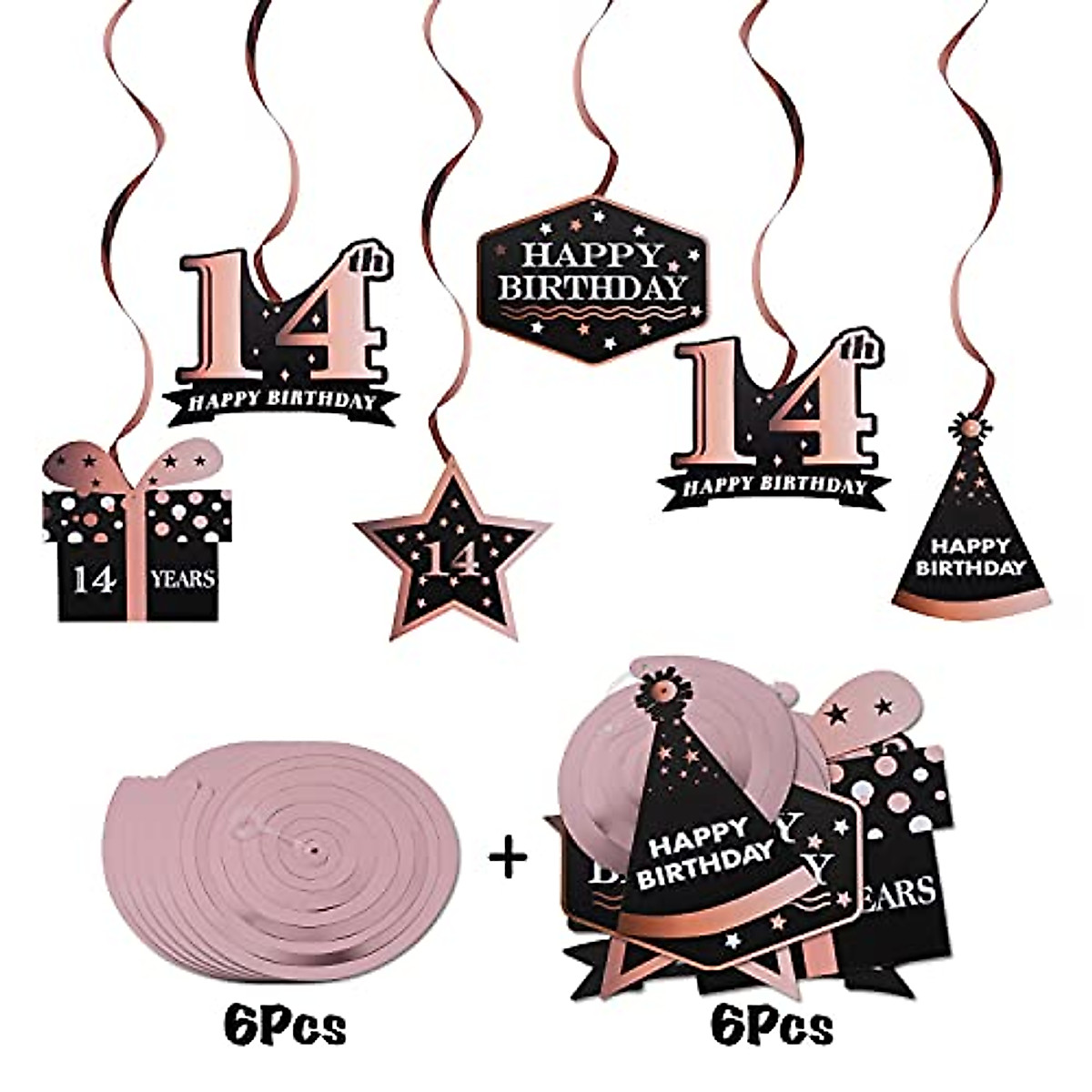 LINGTEER Happy 14th Birthday Rose Gold Swirls Streamers - Cheers to 14th Birthday Fourteen Years Old Bday Party Hanging Decorations.