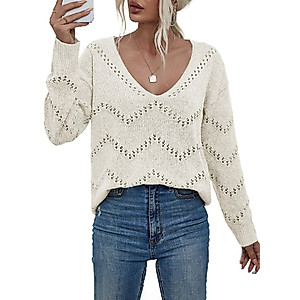 EVALESS Fall Sweaters for Women 2024 Knit Top Long Sleeve White Sweaters Blouses for Women Dressy Casual Sexy Summer Sweaters for Women Lightweight Outfits Clothes Sexy V Neck Crochet Tops, Medium