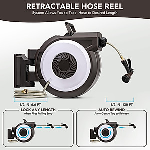 IDEALHOUSE Retractable Garden Hose Reel, 1/2 in x 100 ft Wall-mounted Hose Reel, with 9- Function Sprayer Nozzle, Any Length Lock/180° Swivel Bracket/Automatic Rewind/Slow Return System/Easy Watering