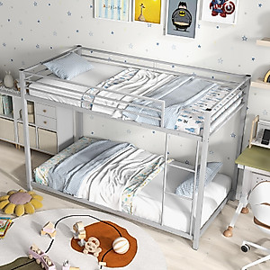 Giantex Twin Over Twin Metal Bunk Beds, Heavy Duty Bed Frame with Safety Guard Rail & Ladder, Low Floor Bunk Bed for Boys Girls Adults Dormitory Bedroom, Noise Free, No Box Spring Needed (Silver)