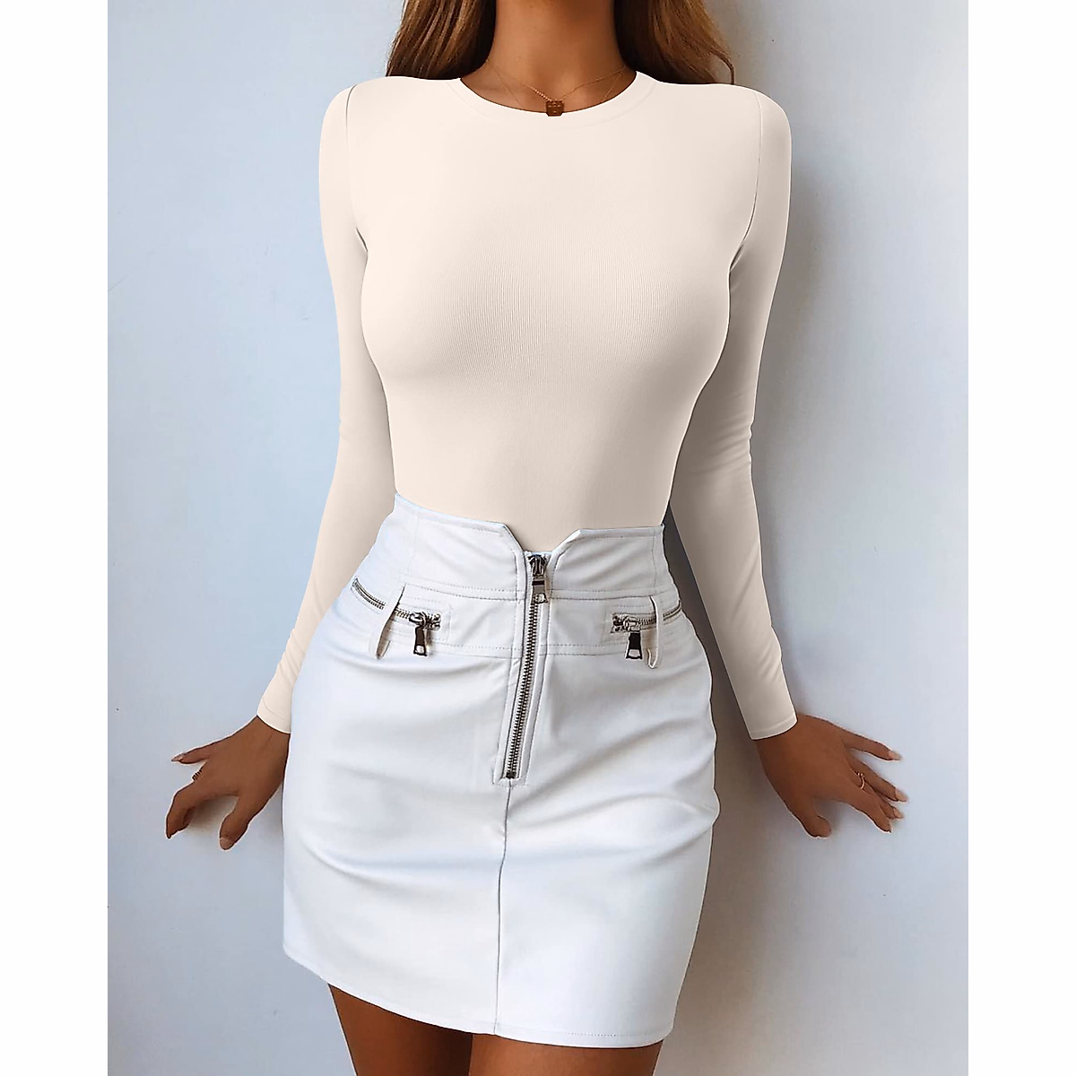 OQQ Womens 3 Piece Long Sleeve Tops Crew Neck Stretch Fitted Underscrubs Layer Tee Shirts Tops Black Darkgrey Beige