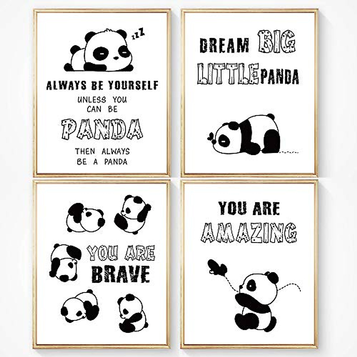 SUUURA-OO.Inspirational Panda Wall Art Prints, Unframed Adorable Panda Motivational Words Wall Art, Set of 4（8’’x10’’）Dream Big Little Panda Print for Nursery and Kids Room Decor (Black White)