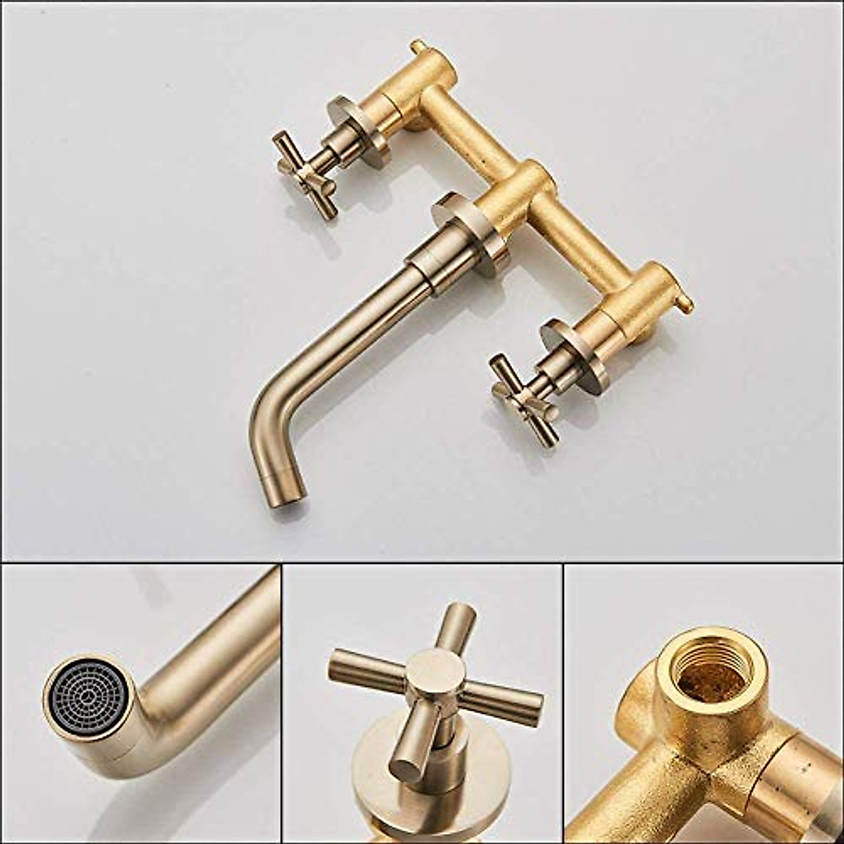 ShiSyan Y-LKUN Faucet Kitchen Tap Brushed Golden Wall Mounted Basin Faucet Dual Handle Rotate Spout Bathroom Vessel Sink Mixers Hot Cold Water Tap