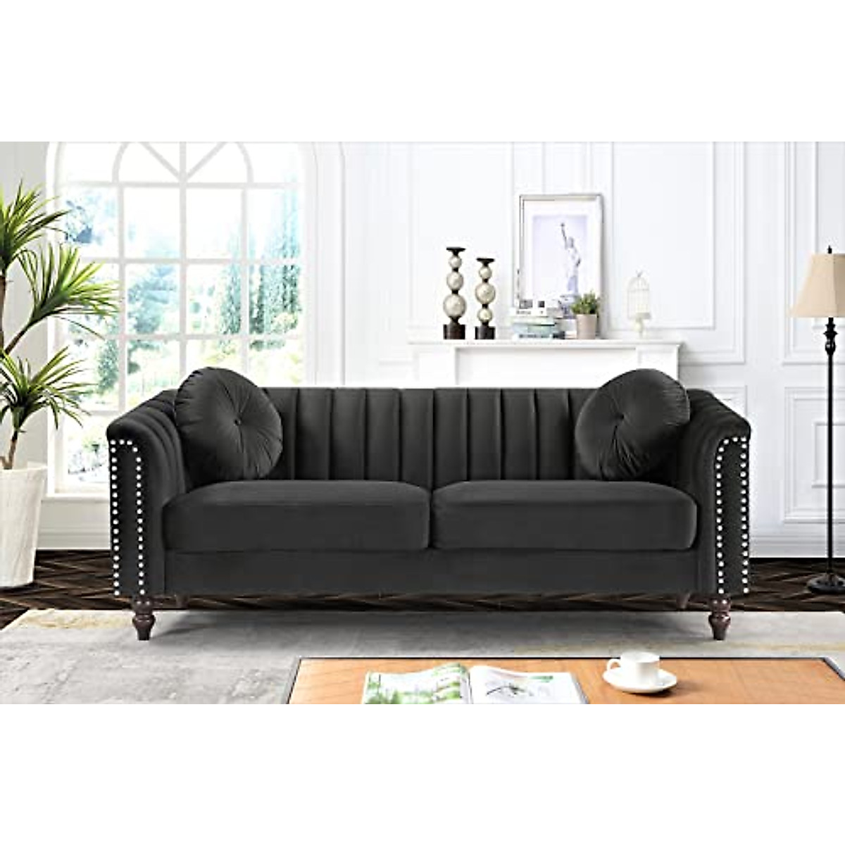 US Pride Furniture 75'' Mid-Century Modern Velvet Sofa Chesterfield Inspired Luxury 3 Seater Couch for Living Room with Removable Cushions and Turned Wood Legs, Black