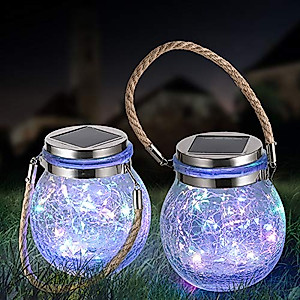 Solar Hanging Lanterns Outdoor Waterproof, Table Lamps Decorative Cracked Glass Jar 30 LED Lights for Garden Tree Court Yard Patio Pathway Christmas Day Holiday Party Decoration (2, Colors)