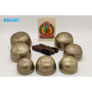 Singing Bowl Set of 7, Thadobati Design Himalayan Sound Bowl, Handcrafted, Hand hammered, Comes w/silk cushions, 3 sticks, Buddhist card, Brocade Box Ideal for Meditation, Yoga, Mindfulness Healing