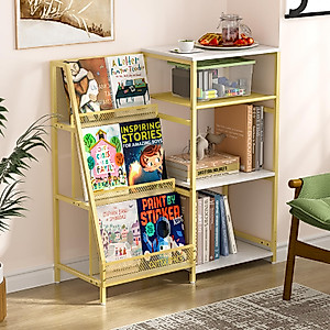 ThreeHio Vintage Bookshelf, Wooden Kids Bookshelf with 3-Tier Ladder Book Display Rack, Small Book Shelf Library Bookcase Storage Organizer, Short Wide Small Bookshelf Bookcase for HomeOffice