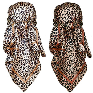 woogwin 2 Pack 35" Satin Silk Like Hair Scarf Bandana Light Head Wraps Neck Face Scarves Cover for Women (2pcs Leopard Coffee)