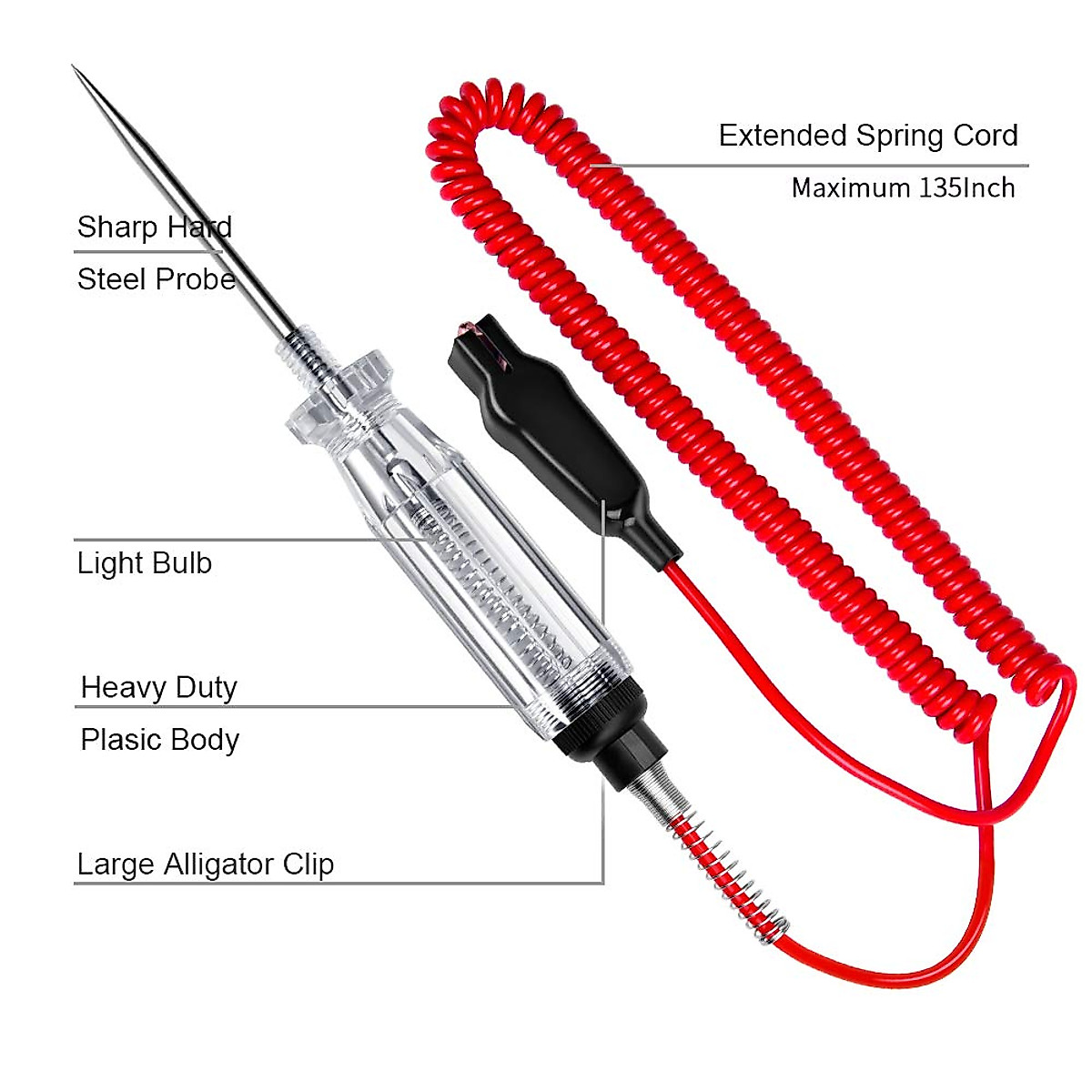 Heavy Duty Automotive Circuit Tester, Premium 6-24V Test Light with Extended Spring Test Leads & Sharp Piercing Probe, Circuit Voltage Tester with Replacement Indicator Light for Car/Vehicles