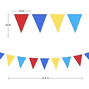 32Ft Red Blue Yellow Party Decorations Carnival Circus Clown Triangle Flag Pennant Bunting Banner Fabric Garland for Kids Birthday Baby Shower Wedding Outdoor Garden Festivals Hanging Decorations