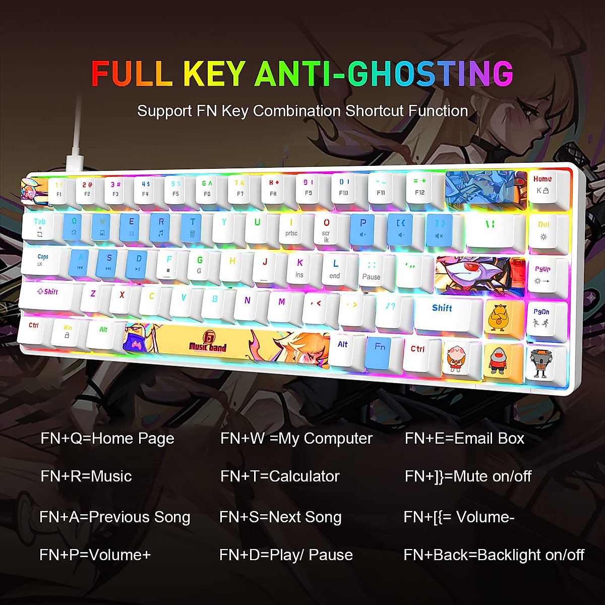 Portable 60% Mechanical Gaming Keyboard 18 Chroma RGB Backlit Ultra-Compact 68 Keys Dye Sublimation PBT Ergonomic Full Keys Anti-ghosting Compatible with PS4,PS5,PC,Gamers,Typist(White/Red Switch)