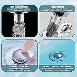 2PCS Pop Up Bathroom Sink Drain Strainer Hair Catcher, 2024 New Stainless Steel Floor Drain Filter with Removable Stainless Steel Filter Basket, for US Universal Bathroom Kitchen Basin Sink Stopper