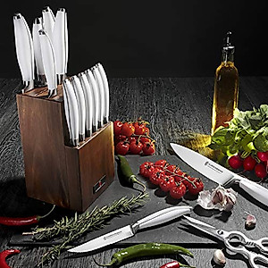 Kurschmann 15-Piece Knife Set CLEARANCE in Upright Acacia Block, White Handles with Stainless Steel Chef's Knife, 6 Steak Knives + Santoku, Bread, Carving, Paring, & Utility Knife + Scissors & Rod