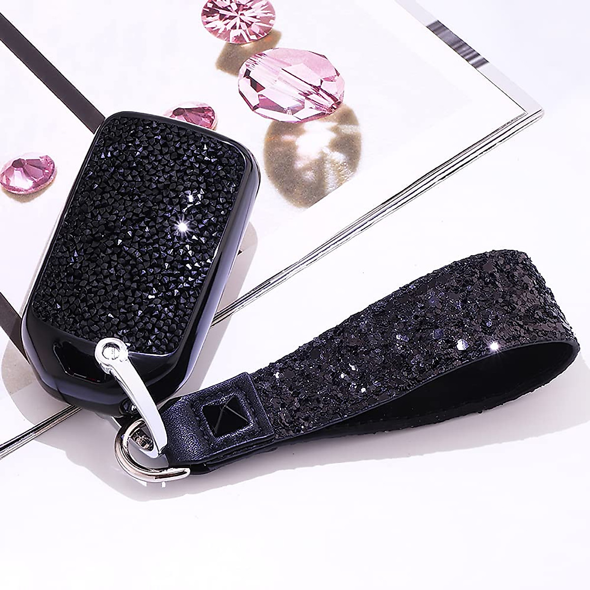 SANRILY 1Pcs Key Fob Cover for Honda Civic Accord CR-V Pilot Keyless Remote Smart Key Shell Case with Bling Key Chains Black