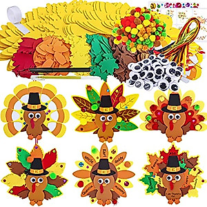 Winlyn 24 Sets Thanksgiving Turkey Ornaments Decorations Art Sets DIY Thanksgiving Craft Kits Fall Crafts Autumn Leaf Pumpkin Turkey Foam Stickers Arts and Crafts for Kids Party Classroom Activities