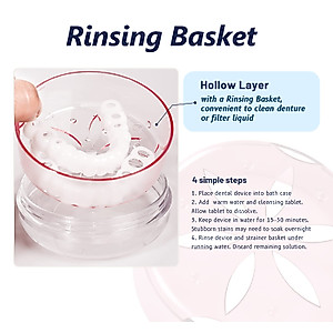 Uouovo Denture Bath Case, Definitely No-Leak, Complete Clean Care for Dentures, Clear Braces, Night Guard & Retainers, Retainer Case for Traveling, Denture Cup with Strainer & Mirror (Pink)