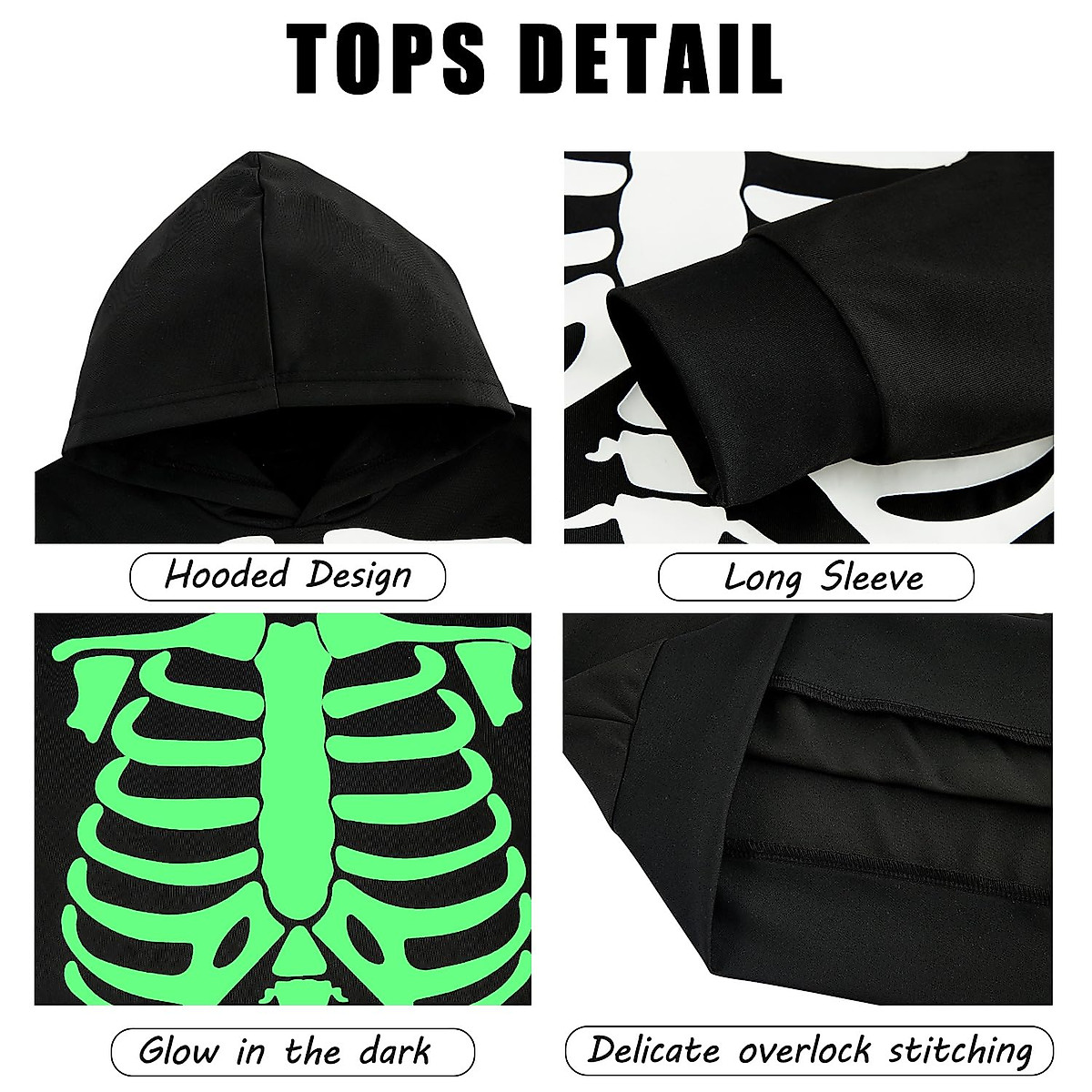 uideazone Halloween Glow in The Dark Pullover Pants Sets for Kids Boys 3d Graphic White Skeleton Bones Hoodie Outfit Two Piece Halloween Clothes Size 7-8