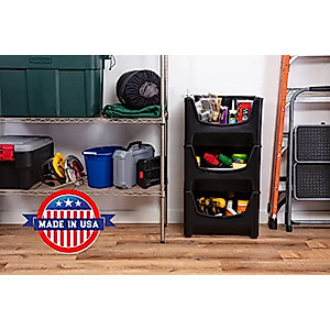 Mighty Tuff Jumbo Stackable Storage Bins, Pack of 3, Easy-Access Storage, Large Easy-To-Grip Handles, Wide Front Opening, Interlocking, Stack Vertically, Black