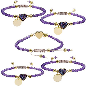 Nupuyai 4mm Faceted Stone Beads Bracelet for Women Men, Adjustable Healing Crystal Chakra Bracelet with Druzy Heart Charms, Amethyst