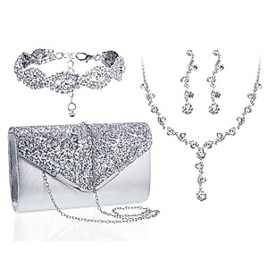 Henoyso 5 Pcs Purse Rhinestone Jewelry Set Rhinestone Clutch Purse Bride Prom Jewelry Necklace Earrings Bracelets for Women(Silver)