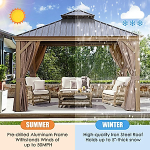 12'x12' Hardtop Gazebo with Nettings and Curtains, Outdoor Aluminum Hard Top Gazebo with Galvanized Steel Double Roof, Permanent Pavilion Metal Gazebo with Top Hook for Deck, Patio, Backyard