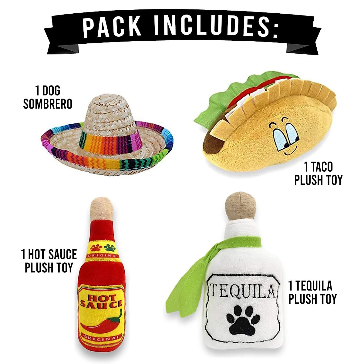 Baja Ponchos 4 Pack Fiesta Dog Chew Toys and Sombrero - Mexican Squeak Plush Toys - Dog Gifts for Chihuahuas - Taco - Tequila - Hot Sauce - for All Breeds